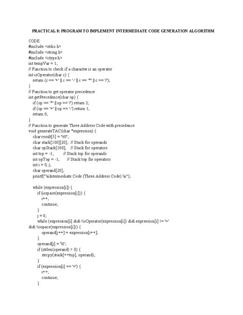 Spcc Prac8 Intermediate Code Generation Algorithm Implementation Studocu