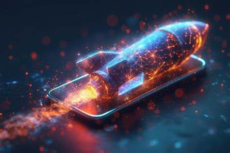 Abstract Launch Rocket With Growth Graph Chart On A Light Blue Futuristic Holographic Smartphone