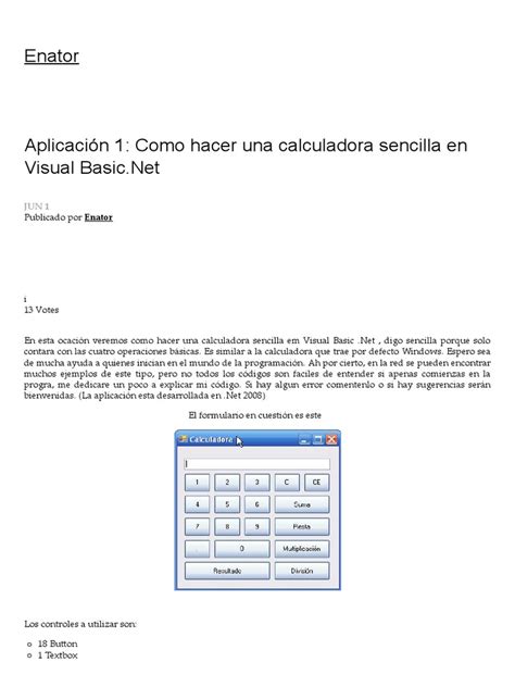 Aplicación 1 Como Hacer Una Calculadora Sencilla En Visual Enator Pdf Básico