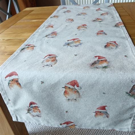 Robin Table Runner Christmas Birds In Santa Hats Etsy Uk