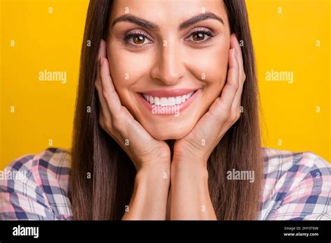 Cropped Photo Of Young Attractive Woman Happy Positive Smile Hands