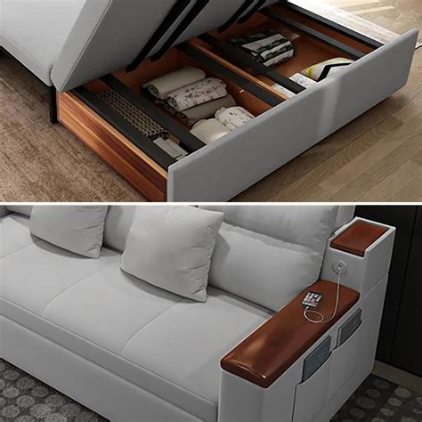 2100mm Grey Full Sleeper Sofa Linen Convertible Sofa Bed With Storage