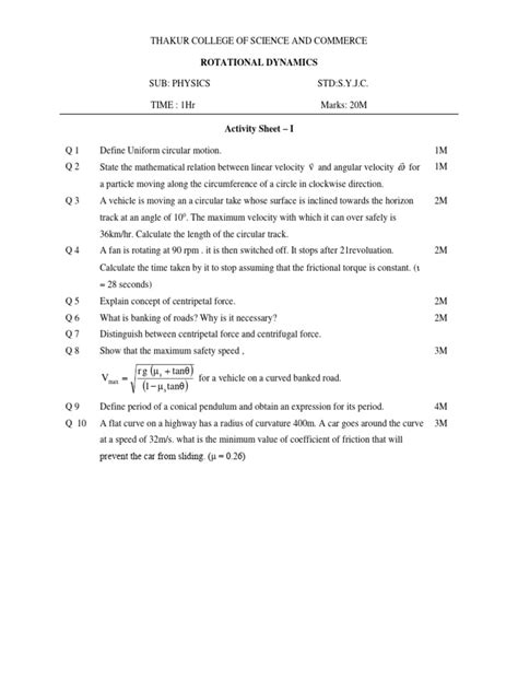 Rotational Dynamics Activity Sheet Pdf Rotation Around A Fixed Axis