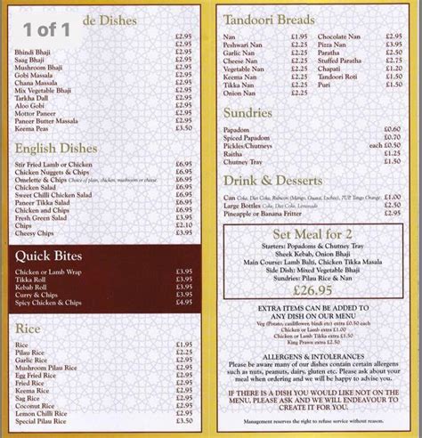 Menu At Taj Mahal Restaurant Kington