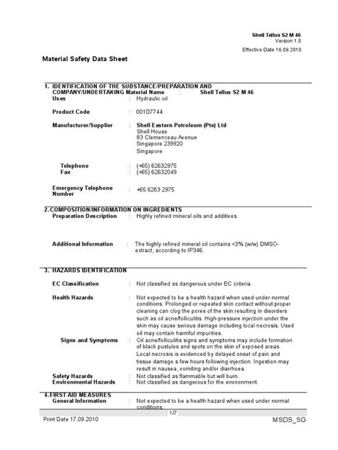 Tellus S2 M 46 Msds 2010 Pdf Toxicity Personal Protective Equipment