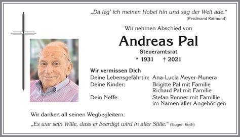Traueranzeigen Von Andreas Pal Augsburger Allgemeine Zeitung