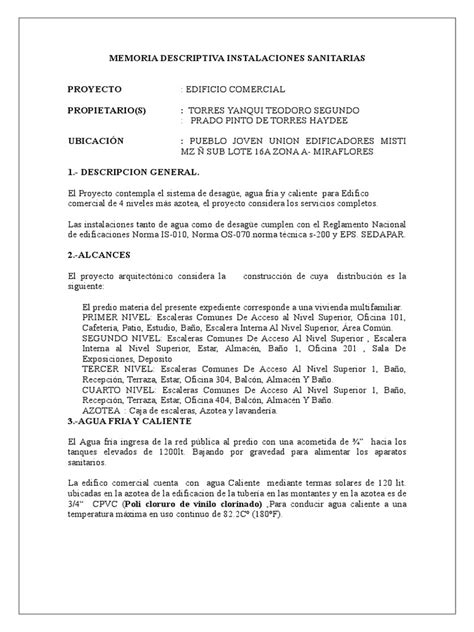 Memoria Descriptiva Vivienda Multifamiliar Pdf Colector De Aguas