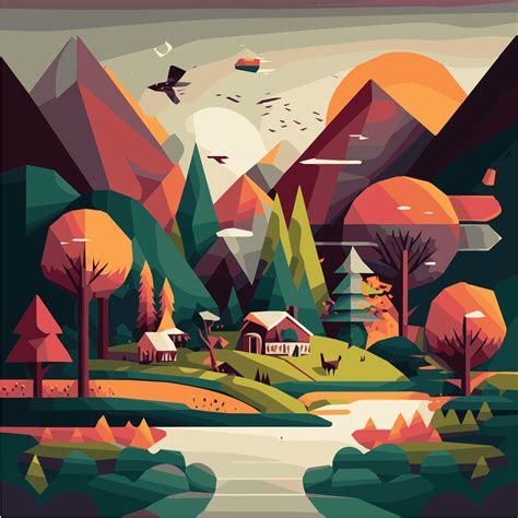 Nature Flat Landscape Illustration In Funky Cartoon Style Colorful