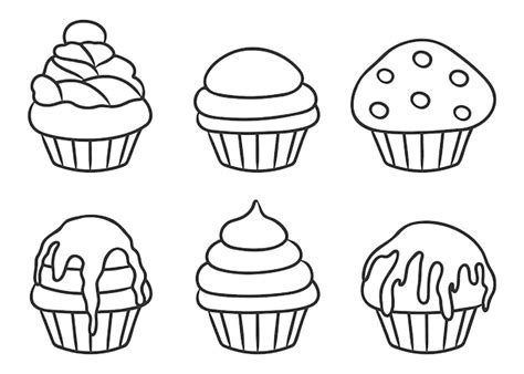 Juego De Cupcakes Dibujado A Mano Doodle Comida Dulce Contorno Negro Y