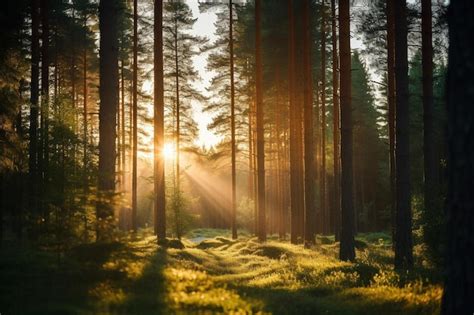Sunset Or Sunrise In Forest Landscape Premium Ai Generated Image