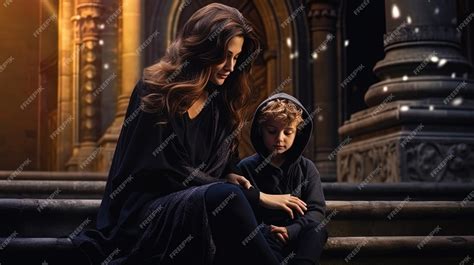 Premium Photo A Portrait Of A Woman With A Son Sitting On The Steps