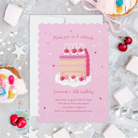 Pink Vintage Coquette Cherry Cake Birthday Invitation Zazzle