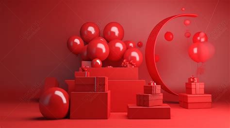 생동감 넘치는 3d 빨간색 풍선과 선물 상자가 제품 디스플레이 연단에 무대를 마련했습니다 연단 배경 빨간색 배경 무대 3d 배경 이미지 Hd 연단 빨간색 무대