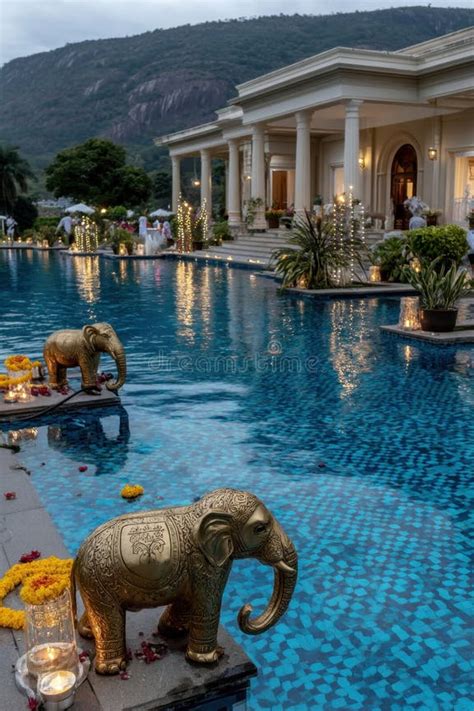 Luxurious Villa Poolside With Golden Elephant Statues At Twilight Stock