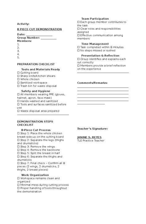 Checklist Activity Materials Activity 8 Piece Cut Demonstration