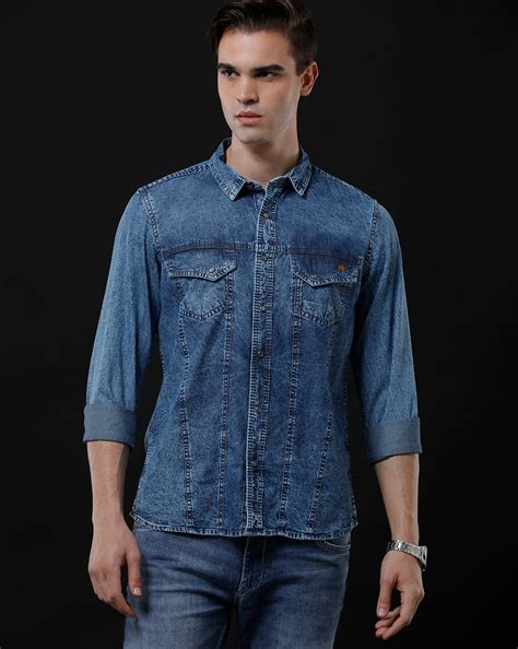 Mens Slim Fit Solid Denim Casual Shirt Aplit Temple Of Denim
