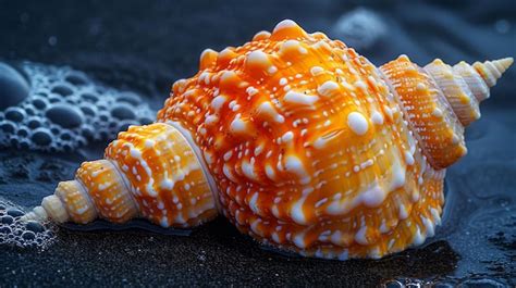 Sea Life Composition Macro Shell On Black Sand Premium Ai Generated Image