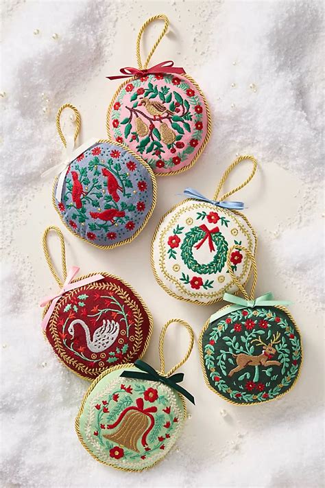 Embroidered Holiday Ornaments Set Of 6 Anthrohome