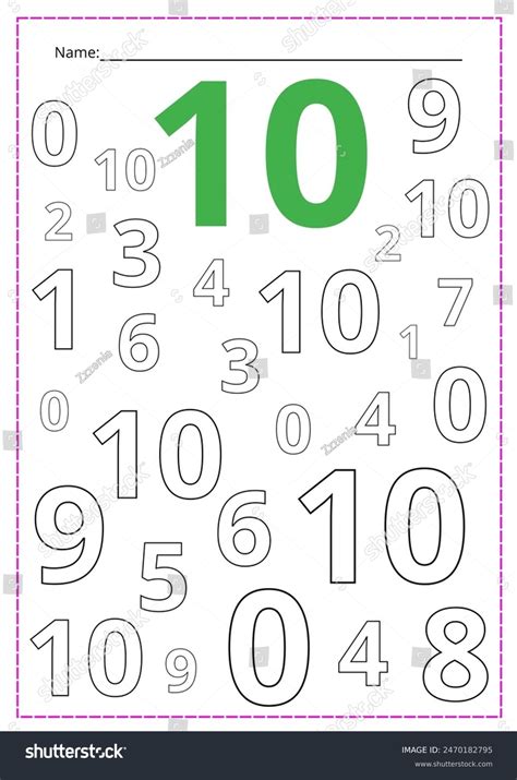 Printed Sheet Worksheet Numbers Number Ten Stock Illustration