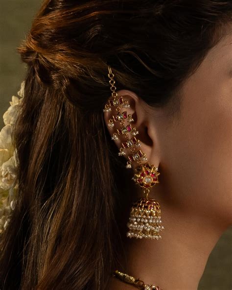 Jadau Kundan Pearl Jhumkas With Ear Chains From Kruthika Jewellery