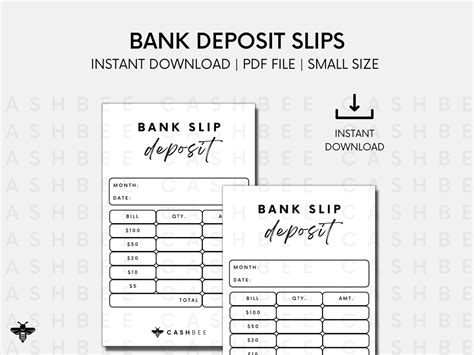 Printable Bank Deposit Slips Wallet Size Instant Download Pdf File
