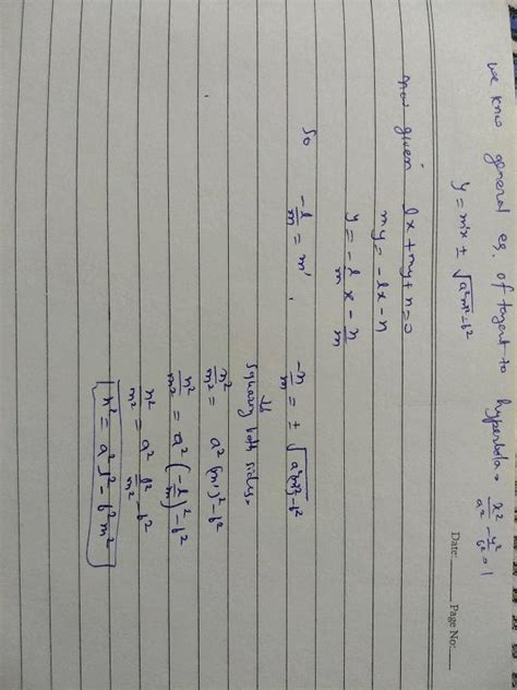 Find the condition the line ( ell mathrm { x } + mathrm { my } + mathrm { n } = 0 ) to touch the ...