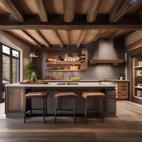A Cozy Ski Chalet Kitchen With Exposed Wooden Beams A Stone Fireplace And Copper Cookware1