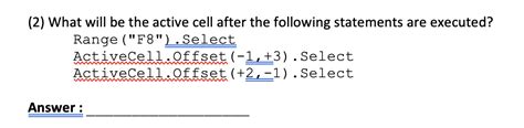 Solved What Will Be The Active Cell After The Following Chegg