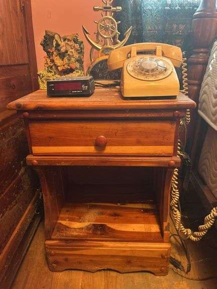 Wood Nightstand With Rotary Phone Clock And Decorative Items Ford