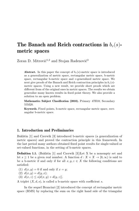 Pdf The Banach And Reich Contractions In B V S Metric Spaces