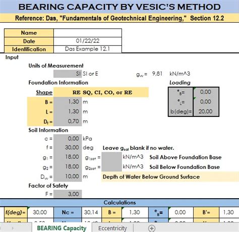 Bearing Capacity By Vesics Method Spreadsheet