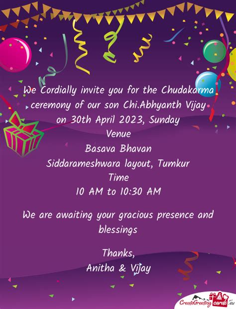 We Cordially Invite You For The Chudakarma Ceremony Of Our Son Chiabhyanth Vijay Free Cards