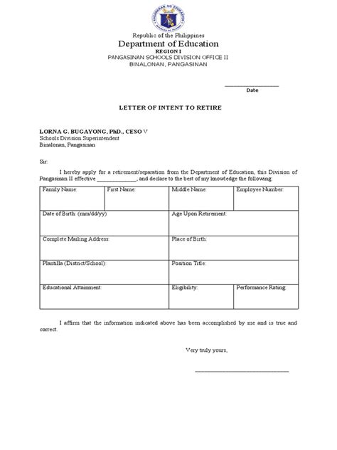 Retirement Intent Letter For Deped Teachers Pdf