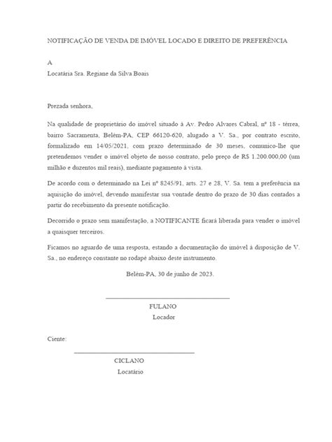 Notificação De Venda De Imóvel Locado E Direito De Preferência Pdf