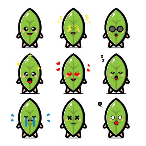 Premium Vector Set Of Cute Green Leaf With Expression Cartoon Character