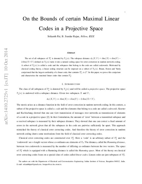Pdf On The Bounds Of Certain Maximal Linear Codes In A Projective Space