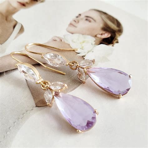 Lavender Bridal Earrings For Bride Bridesmaids Light Purple Crystal