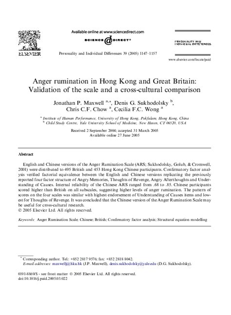 Pdf Anger Rumination In Hong Kong And Great Britain Validation Of The Scale And A Cross