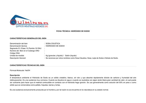 Ficha TÉcnica HidrÓxido De Sodio CaracterÍsticas