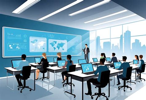 A Vector Illustration Of People In A Classroom With A Map Of The World