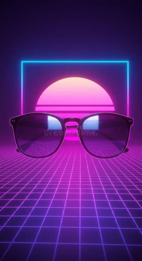 Pixel Sunglasses Retro Sunset Neon Grid Background Stock Illustration
