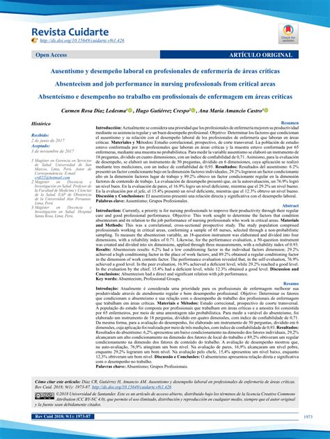 Pdf Ausentismo Y Desempeño Laboral En Profesionales De Enfermería De