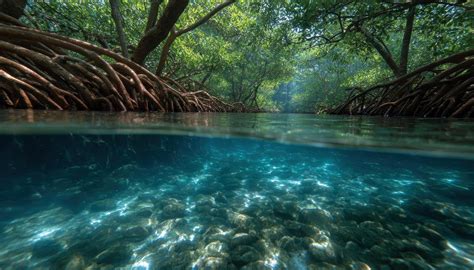 Exploring Tropical Mangrove Roots In Brackish Water Ecosystem Nature