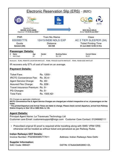 Electronic Reservation Slip Ers 8303957776 12415 Indb Ndls Exp Ac 3 Tier Sleeper 3a Pdf