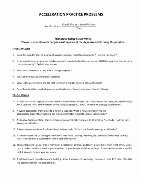 Acceleration Worksheet With Answers New Acceleration Practice Problems Chessmuseum Template