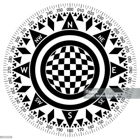 Compass Rose Vector With Eight Wind Directions And 360 Degree Scale