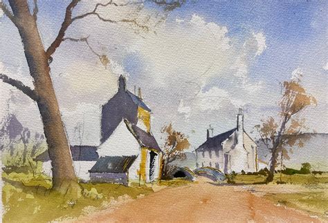 Anthony Avery British Original Impressionist Watercolor Rural Village Street In Landscape For