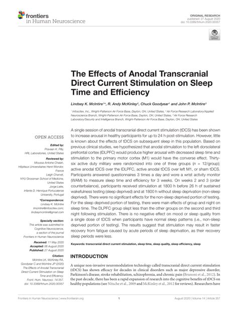 Pdf The Effects Of Anodal Transcranial Direct Current Stimulation On Sleep Time And Efficiency