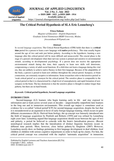 Pdf The Critical Period Hypothesis Of Sla Eric Lennebergs
