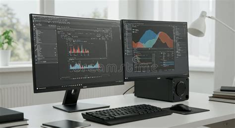 Modern Office Setup Featuring Dual Monitors Displaying Data Analytics